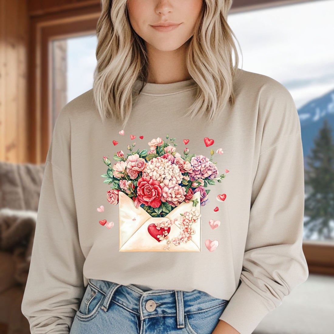Valentine's Red Vintage Heart Envelope Floral Long Sleeve Tee – Wild ...